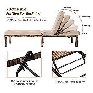 LEISU Outdoor Chaise Lounge Chair, Reclining Adjustable Pool Chairs with Cushion, PE Wicker, Chaise Lounge Chairs for Outside Set of 2, for Deck, Poolside, Backyard (2 pcs)