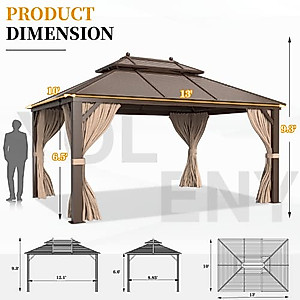YOLENY 10' x 13' Hardtop Gazebo with Galvanized Steel Double Roof, Pergolas Aluminum Frame, Netting and Curtains Included, Metal Outdoor Gazebos for Garden, Patios, Lawns, Parties