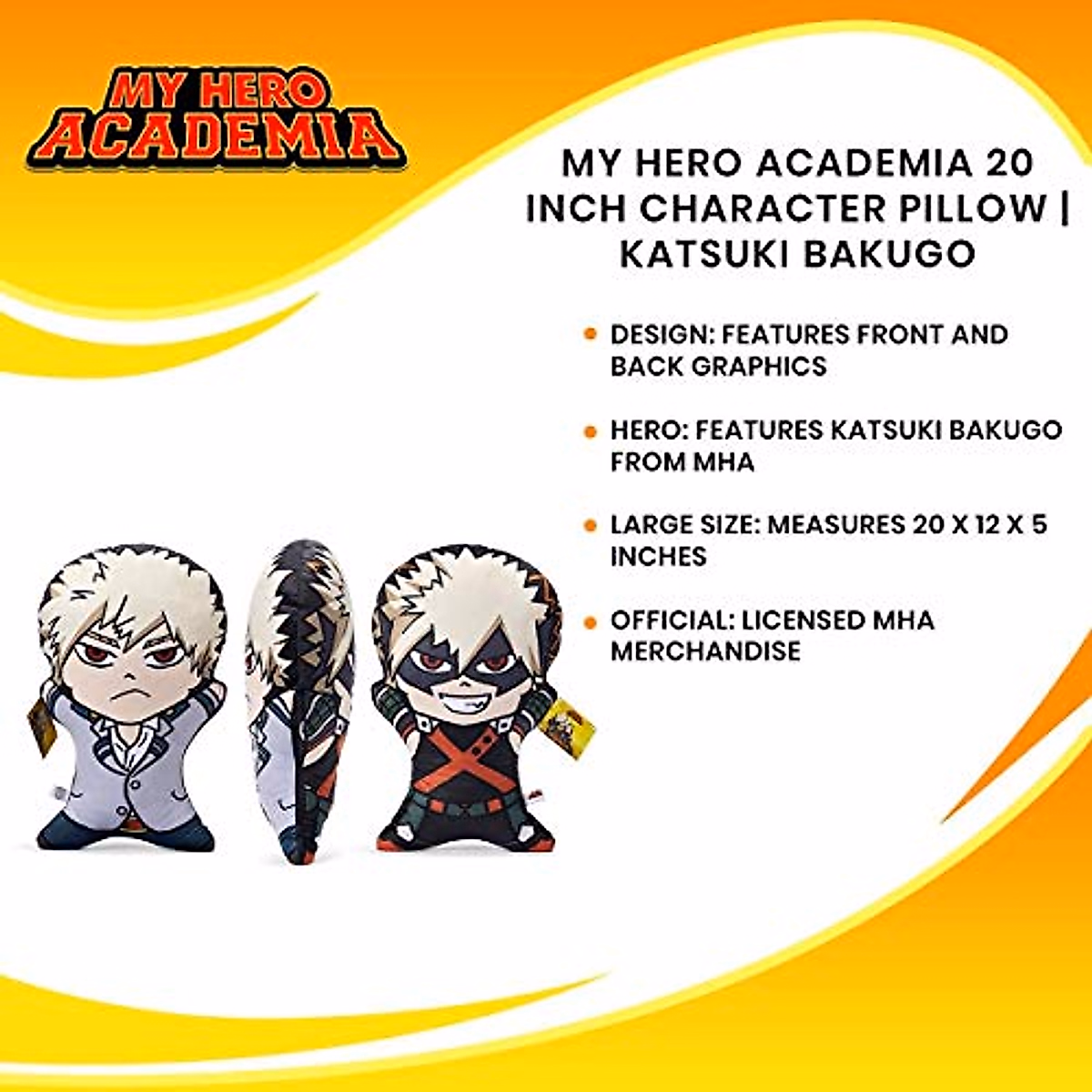 Official My Hero Academia Character Pillow - 20-Inch Katsuki Bakugo Doll Body Replica - Gift for Friends, Family, and Fans - Bed, Couch, Room Decoration - Soft Throw Cushion - Licensed Merchandise