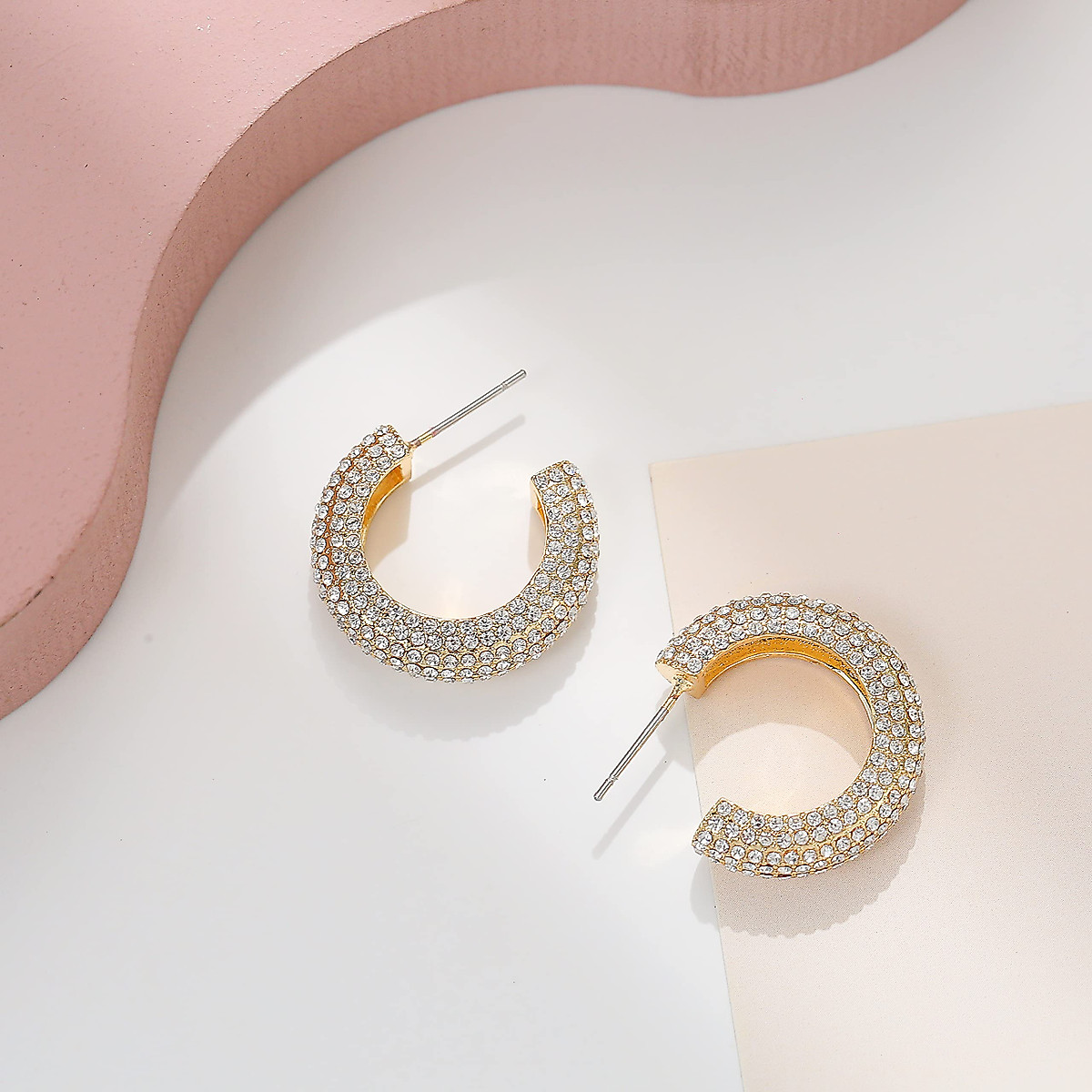 WOWORAMA Gold Open Hoop Earrings for Women Sparkly CZ Chunky Hoop Earrings Shiny Zircon C Shaped Hoop Earrings Crystal Round Hoops Dainty Minimalist Earrings Jewelry