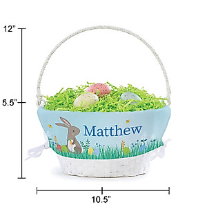 Personalized Meadow Easter Egg Basket with Handle and Custom Name | Boy Bunny Easter Basket Liners | White Basket | Woven Easter Baskets for Kids | Customized Easter Basket | Gift for Easter