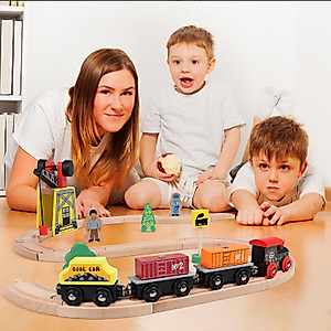 Qilay Wooden Train Set for Toddler - 39 Pcs Wooden Train Tracks with Crane, Bridge & 5 Wooden Trains - Train Toys for 3,4,5 Year Old Boys & Girls - Fit All Major Bands Train Tracks Set
