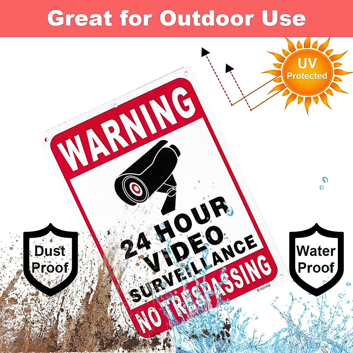 Ertzinla 2 Pack 24 Hour Video Surveillance Sign, No Trespassing Warning Sign, Aluminum 10 x 7 inch Security Camera sign for home Business Driveway Alert CCTV, Reflective, UV Protected…