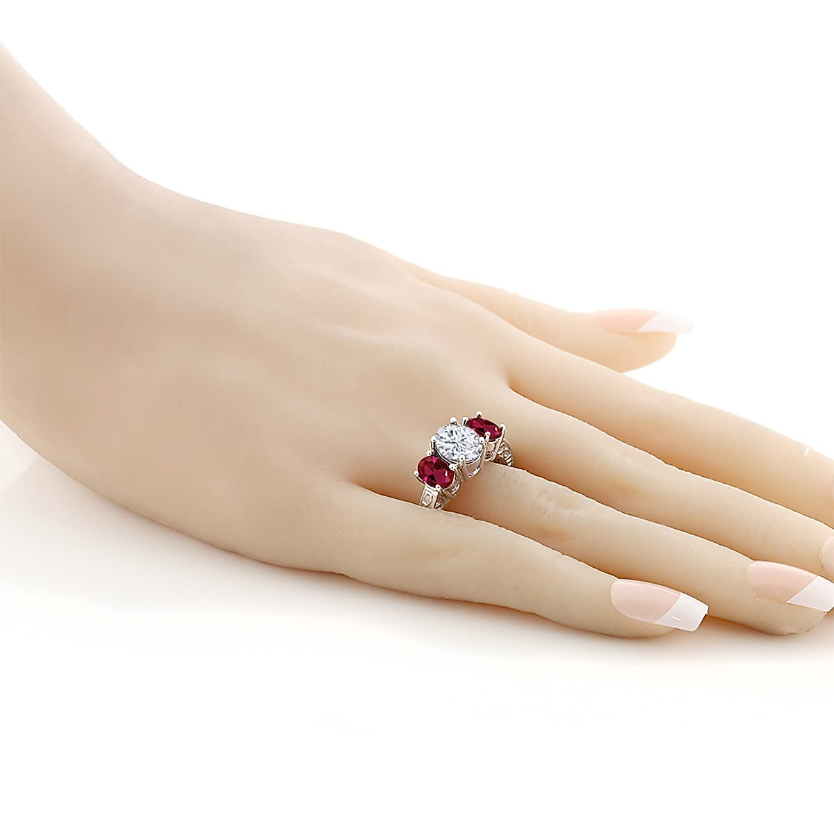 Gem Stone King 925 Sterling Silver Red Created Ruby and White Moissanite 3 Stone Women Ring (3.80 Cttw, Available In Size 5, 6, 7, 8, 9)