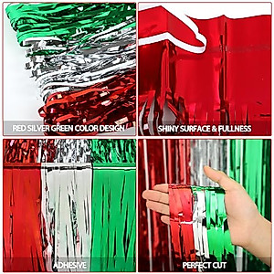 3 Packs 3.3ft x 6.6ft Christmas Foil Fringe Curtains Christmas Party Decoration Red Silver Green Tinsel Foil Fringe Curtains Shiny Metallic Backdrop Photo Booth Props for Christmas Party Supplies
