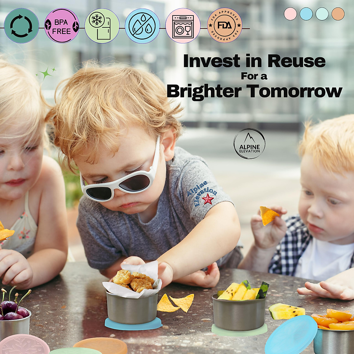 Alpine Elevation 4x7.4oz Stainless Steel Snack Containers with 4 Lids - 8pcs | Metal Food Storage Containers | Dip and Condiment Containers | Stainless Steel Mini Containers