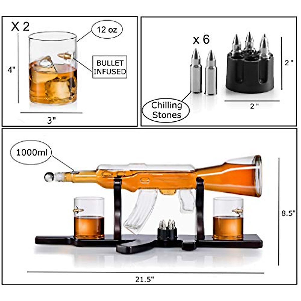 Whiskey Gun Decanter Gift Set - + 2 Whisky Bullet Glasses & Bullet Chilling Stones - Gun Shaped Rich Wood Classic Mahogany Base Tray - Liquor Scotch Bourbon -Boyfriend Husband Anniversary Retirement