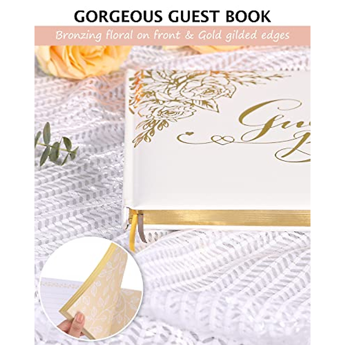 Wedding Guest Book - Guest Book Wedding Reception with Pens - 9x7'' Personalized Wedding Guestbook Photo Album Sign in Book - Gold Foil Hardcover & Gilded Edges, for Weddings, Baby Shower, Party