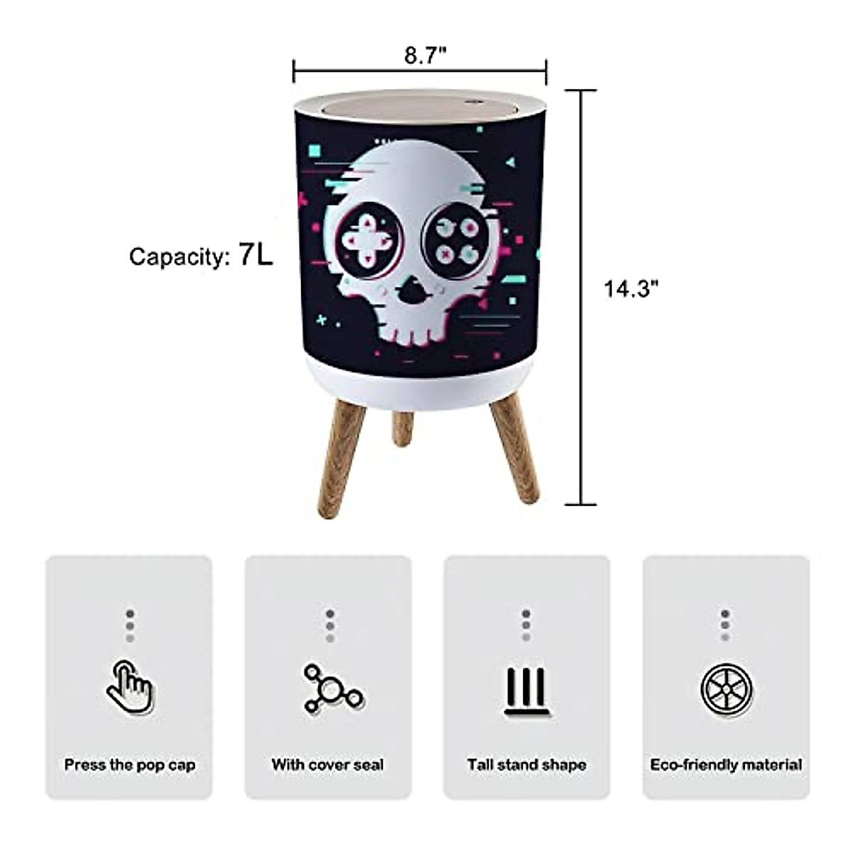 IKFLWJUTFW Small Trash Can with Lid Game over glitchy sign skull and gamepad Video symbol Gamer 7 Liter Garbage Elasticity Press Cover Kitchen Bathroom Office Fashion Paper Basket 1.8 Gallon Color6