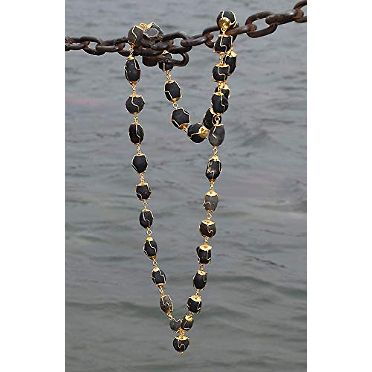 rudradivine Original Shaligram Shila Kantha with Gold Plated Cap Chain/Shaligram Big mala | Real Shaligram Stone from Gandak River Nepal | 32+1 Beads