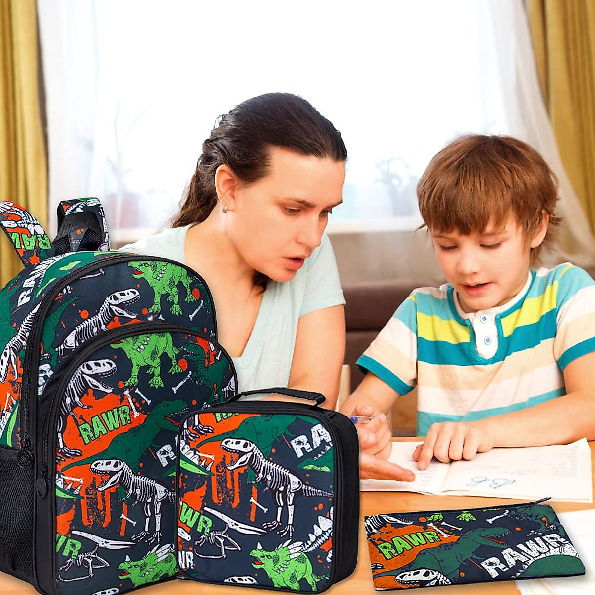 WZLVO 3PCS Kids Backpacks for Boys, 16" Dinosaur Preschool School Bookbag and Lunch Box for Elementary Toddler