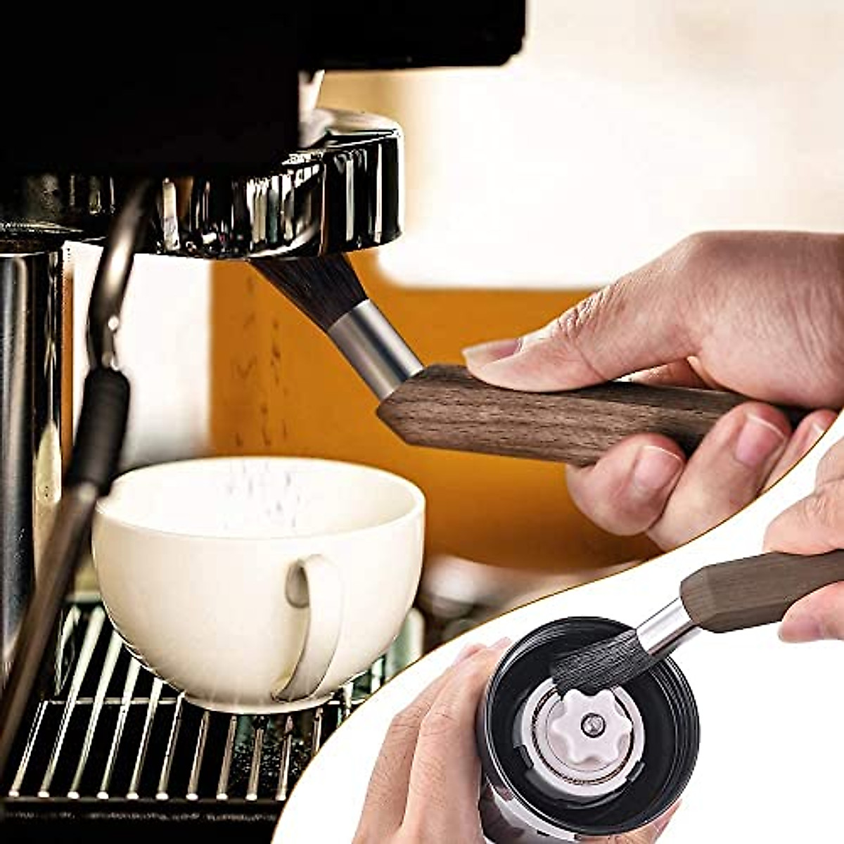 Bavane 3PCS Professional Coffee Brush, Coffee Grinder Brush Set, Natural Boar Bristles Black Walnut Handle Espresso Machine Cleaning Tool, Coffee Cleaner Brushes Coffee Tool for Barista Home Kitchen