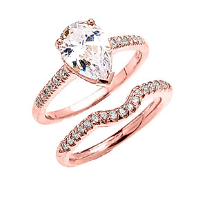 10K Rose Gold Pear Shaped Cubic Zirconia Engagement Ring and Matching Contour Wedding Band Bridal Set - Size 10