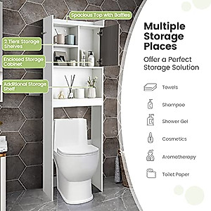 LOKO Over The Toilet Storage Cabinet, Wooden Bathroom Space Saver with Door & Open Storage Shelves, Anti-toppling Device, Freestanding Over Toilet Bathroom Organizer for Bathroom, Laundry