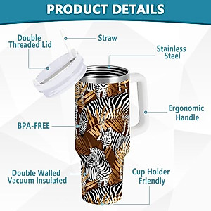 Zebra Palm Leaves Insulated Stainless Steel Water Bottle with Handle and Straw Lid Double Walled Travel Mug 40 oz