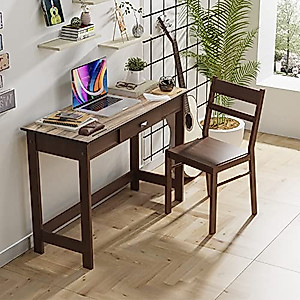 Tangkula Study Desk & Chair Set, Kids Learning Table with Drawer, Ergonomic Chair with Inclined Backrest, Students Computer Workstation with Solid Rubber Wood Feet, Teen Desk & Chair Set