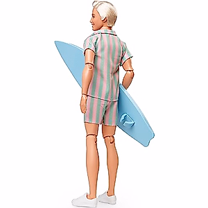 Barbie The Movie Ken Doll Wearing Pastel Pink and Green Striped Beach Matching Set with Surfboard and White Sneakers