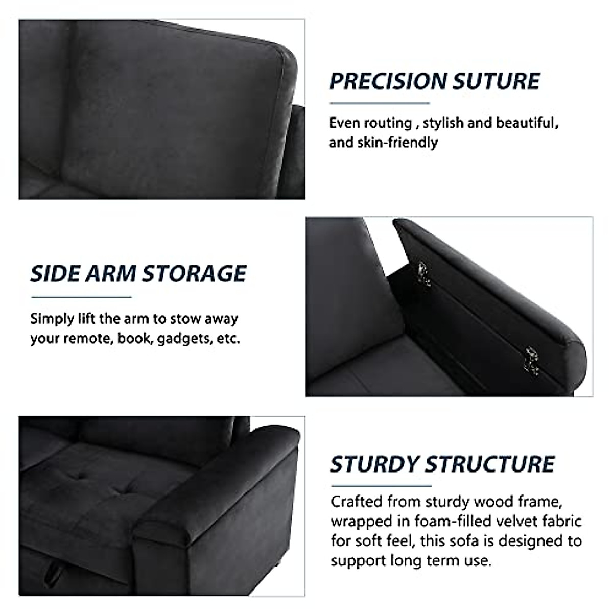 UBGO Sectional Modern L Shape Corner Convertible Sleeper Combination Sofa Bed Ottoman and Storage Hidden Arms Pull Out Sheet for Living Room Apartment, Black G
