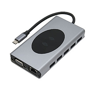 ASHATA 13 in 1 Type C Hub, Type C to HD Multimedia Interface, VGA 5 USB3.0 Memory Card Storage Card RJ45 PD AUDIO3.5 Wireless Charging 10W