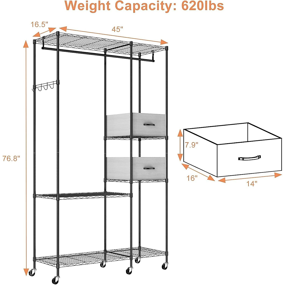COCOBELA Heavy Duty Clothes Rack with Shelves, Garment Rack with Drawers, Clothing Racks with Wheels, Portable Clothing Storage Rack for Hanging Clothes Freestanding Closet Metal Wardrobe