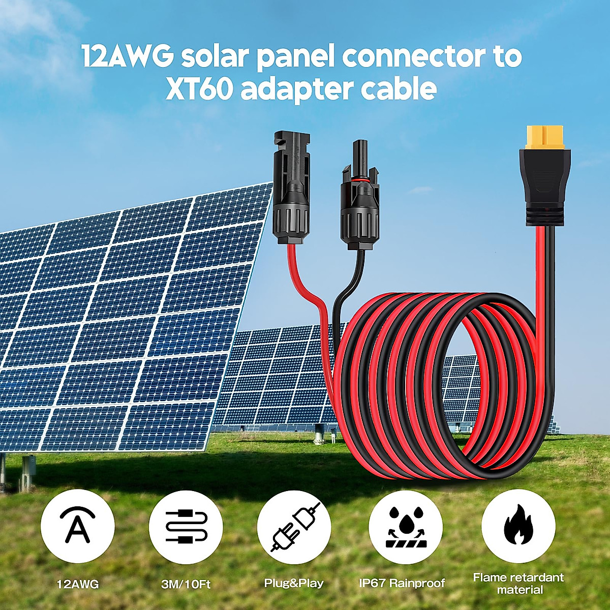 DVUIYYL XT60 Extension Cable Solar Connector XT60 Connector, 12AWG 10Ft, XT60 Connectors to XT60 Adapter Solar Cable for Portable Power Plants and Solar Generators