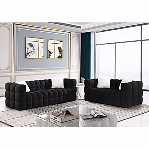 84.3" 3 Seater Modern Sofa Couch, Comfy Upholstered Living Room Sofa with 2 Pillows, Comfy Boucle Sofa with Solid Metal Legs, Contemporary Furniture Tufted Cloud Couch for Waiting Room, Office, Black
