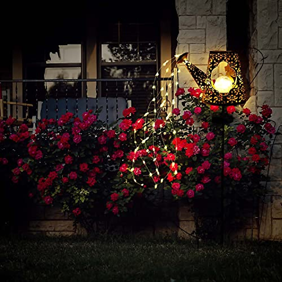 Yeuago Solar Crackle Ball Fairy Watering Can Outdoor Light, Solar Lantern with Ground Plug, Metal Waterproof Garden Decor Mother's Day Gift for Terrace Patio Passage Party (with String Lights)