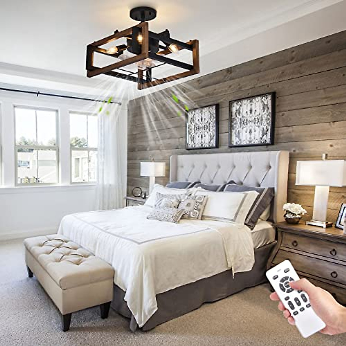 Hoeuns Low Profile Farmhouse Wood Ceiling Fan with Light and Remote Control for Bedroom Living Room Kitchen