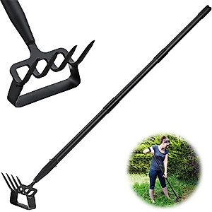 Garden Hoe Cultivator Weeding Tool, Stirrup Hoe Rake with 62" Adjustable Long Handle Stainless Steel Heavy Duty Hula Hoe Tiller for Flower Beds, Patio, Garden Loosening Soil Weeding Digging (Black)