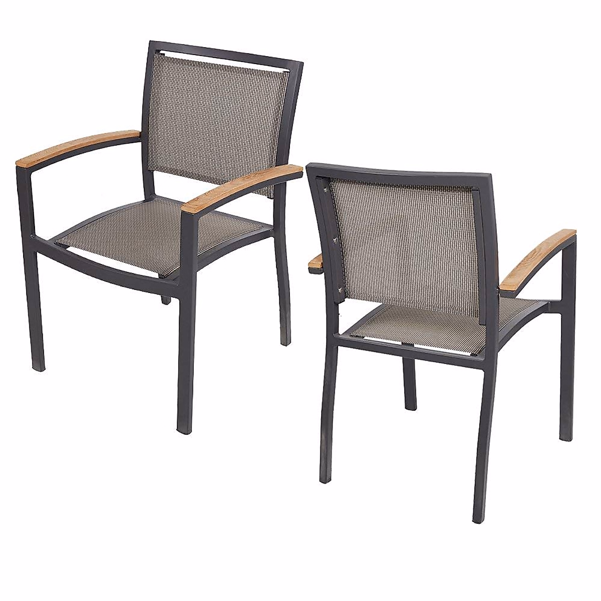 KARMAS PRODUCT 4 Pack Stackable Indoor/Outdoor Patio Dining Chairs with Teak Armrest,Textilene Mesh Fabric Aluminum Frame,Gray