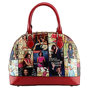 Glossy magazine cover collage dome satchel bag purses bowling bag Michelle Obama bags with wallet set 2 in 1 (MULTI/RD)
