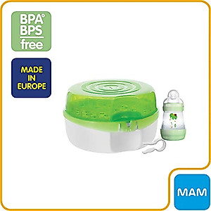 MAM Baby Bottle Sterilizer, Microwave Steam Baby Bottle Sterilizer with MAM 5-Ounce Anti-Colic Baby Bottle and Nipple Tong, 3-Pieces, Green