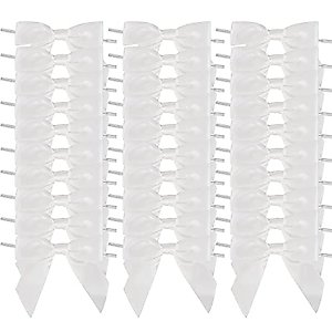 AIMUDI White Satin Ribbon Twist Tie Bows 3.5" Pretied Bows Premade Craft Bows for Treat Bags Cake Pop Gift Wrapping Basket Wedding Favors Cookie Candy Bagging Baby Shower - 50 Counts