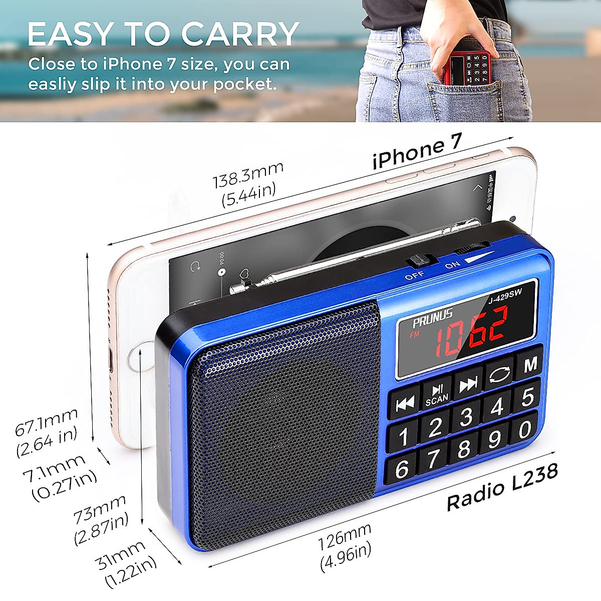 PRUNUS 429 Small Radio, Pocket Radio, AM FM Radio USB Charging, Large Button, Neodymium Speaker, Auto Save, USB Flash Drive, SD Card AUX Input MP3, Shortwave Radio for Elderly and Senior(Blue)