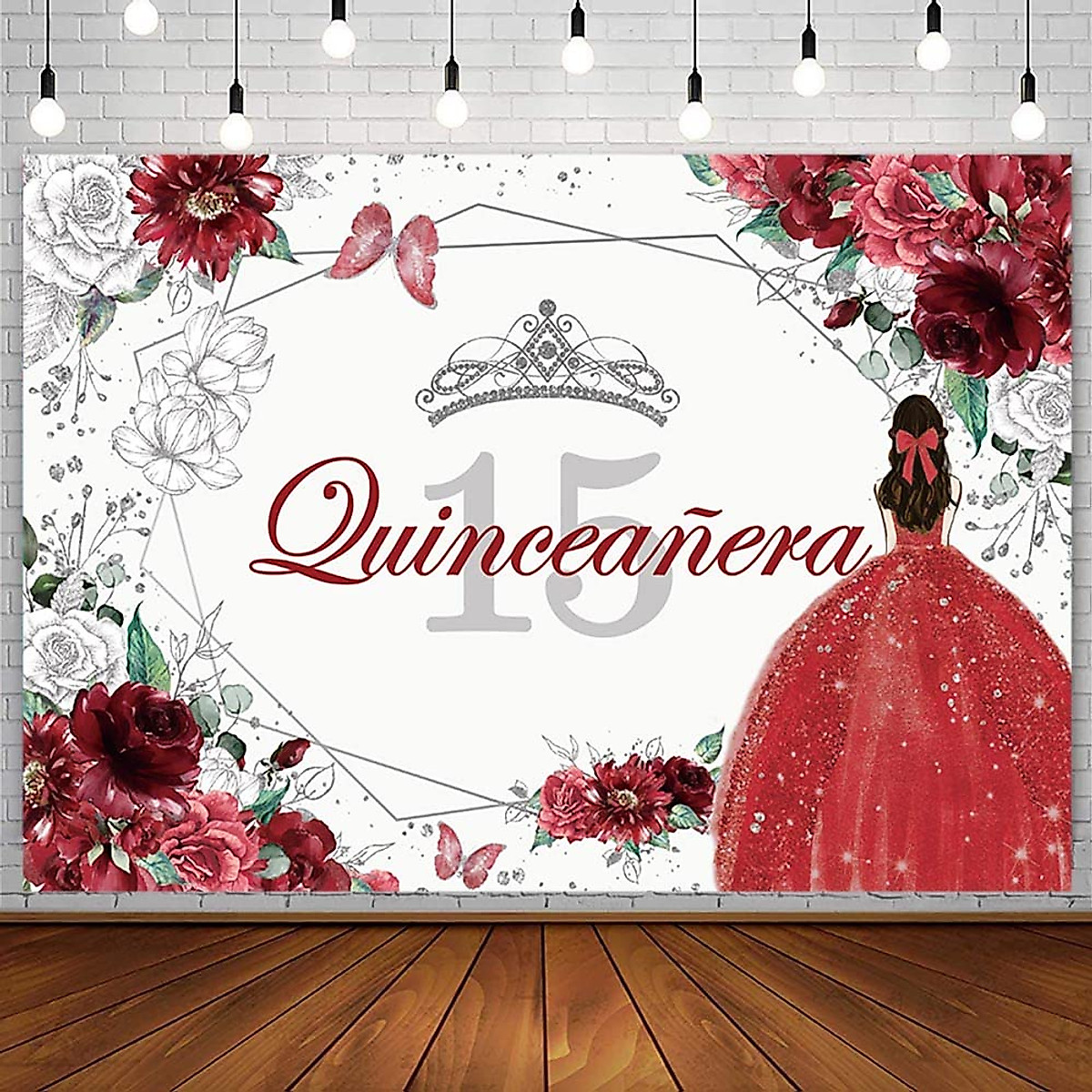 Sendy 10x7ft Quinceanera 15th Birthday Backdrop for Sweet Girl Mis Quince Anos 15th Birthday Party Decorations Red Silver Glitter Floral Crown Butterfly Banner Photography Background Cake Table Props