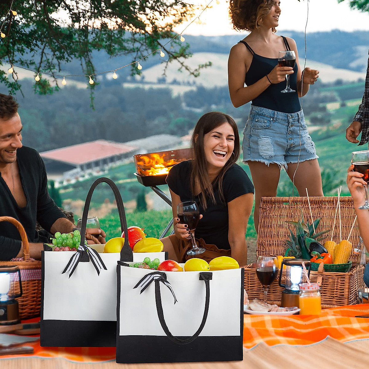 24 Pcs Beach Canvas Tote Bag with Canvas Makeup Bag Set Blank Initial Gift Bags for Women Personalized Kitchen Reusable Grocery Bags for Gift DIY Travel Shopping Bridesmaid Bride Wedding, Black White