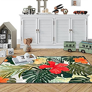 Gesmatic Play Area Rug, Small Area Rug(2X3) Summer Colorful Hawaiian Pattern Tropical Plants Hibiscus Flowers Oriental Area Rug, Suitable for Living Room, Kitchen, Outdoor