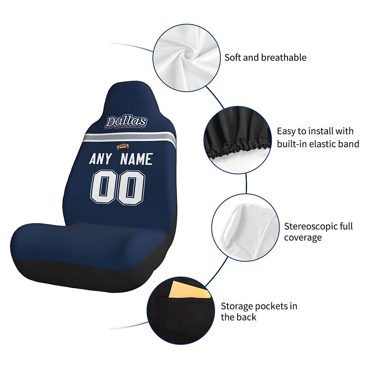 HUGXINAN Custom Football Car Seat Covers - Personalized Car Accessories Dallas Gifts with Name and Number, Elastic Soft Car Front Seat Protector Cover, Universal Size Fit Most Car, Truck, SUV, 2pc