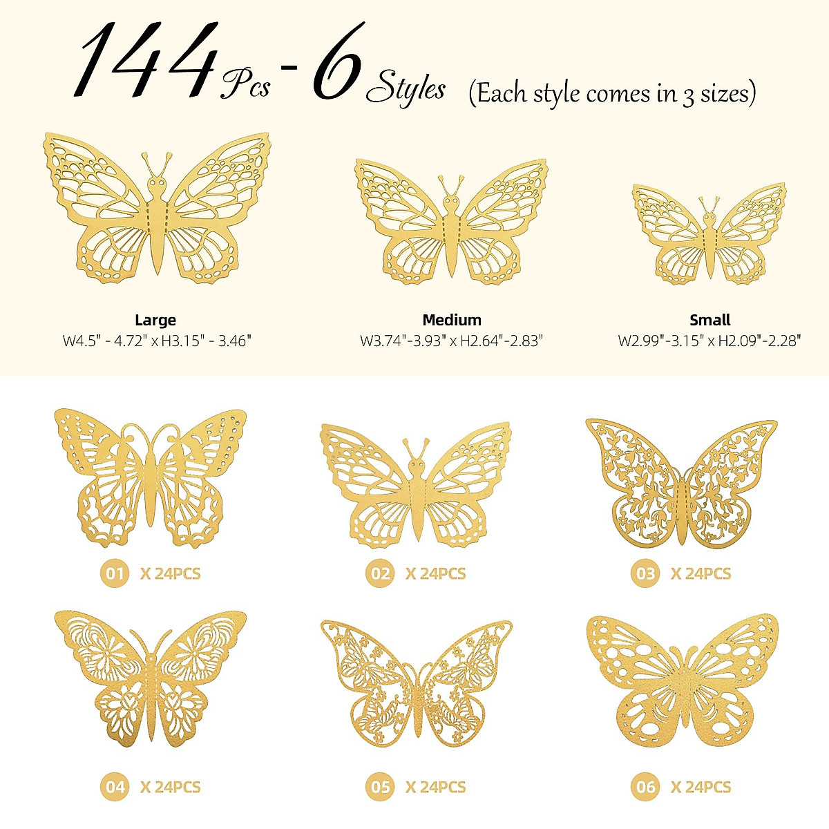 144 Pcs Gold Butterfly Wall Decor, Butterfly Cake Toppers 3D Butterfly Stickers 6 Styles and 3 Sizes, Removable Mural Stickers Decorative Butterflies Metallic Butterfly Decorations for Walls