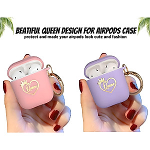 REDX1 [2 Pack] Case Compatible with Airpods 1&2nd Generation Gold Queen Design Protective Cover with Gold Keychain Accessories,TPU for Case for Women,Girl,Teen,Accessories Keychain (Purple,Pink)
