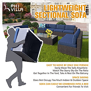 PHI VILLA Outdoor Patio Rattan Sectional Sofa- Patio Wicker Furniture Sofa Set 5-Piece, Blue