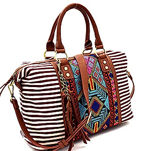 Boho Tassel Leaf Charm Aztec & Stripe Print Canvas Satchel Tote Handbag Purse (Embroidered Satchel - Black)