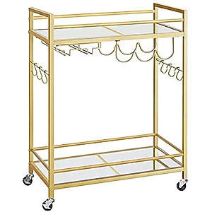 TUTOTAK Bar Cart, Serving Cart for Home, Microwave Cart, Drink Cart, Mobile Kitchen Shelf with Wine Rack and Glass Holder, Rolling Beverage Cart, Gold BC01BB031