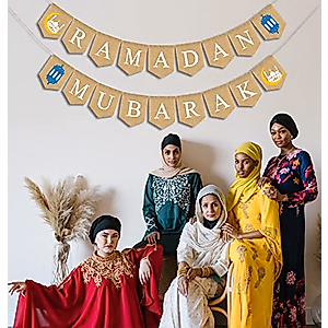 PTFNY Ramadan Mubarak Burlap Banner Muslim Ramadan Mubarak Bunting Banner Garland with Moon Castle Lantern Signs for Islamic Ramadan Eid Festival Celebration Mantle Fireplace Wall Party Decorations