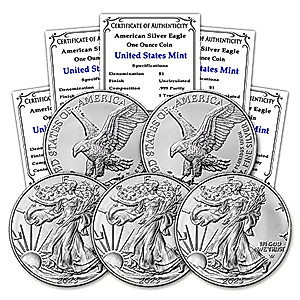2023 Lot of (5) 1 oz American Silver Eagle Coins Brilliant Uncirculated with Certificates of Authenticity $1 BU