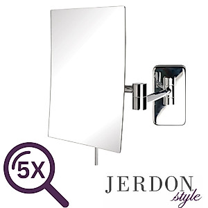 JERDON Wall Mount Makeup Mirror with 5X Magnification - 8.75” x 6.5” Rectangular Mirror Extends 14” – Chrome Finish – Model JRT695C