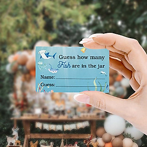 Guess How Many Fish in the Sea Mermaid Party Game，Watercolor Ocean Themed Baby Showers Decorations Game(1 Sign+50 Cards), How Many Candy Sharks Game，Bridal Showers，Birthday, Funny Party Game