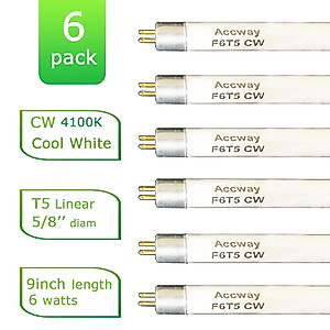 Accway (6pack) 9'' F6T5/CW Fluorescent 4100K Cool White Bulb, 6 Watt Light T5 Linear Lamps Replacement Camping Lantern Tubes, F6T5/TTL Makeup Mirror