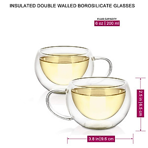 Teabloom Modern Classic Insulated Cups – 6 oz / 200 ml – Set of 2 Double Walled Glass Cups for Tea or Coffee
