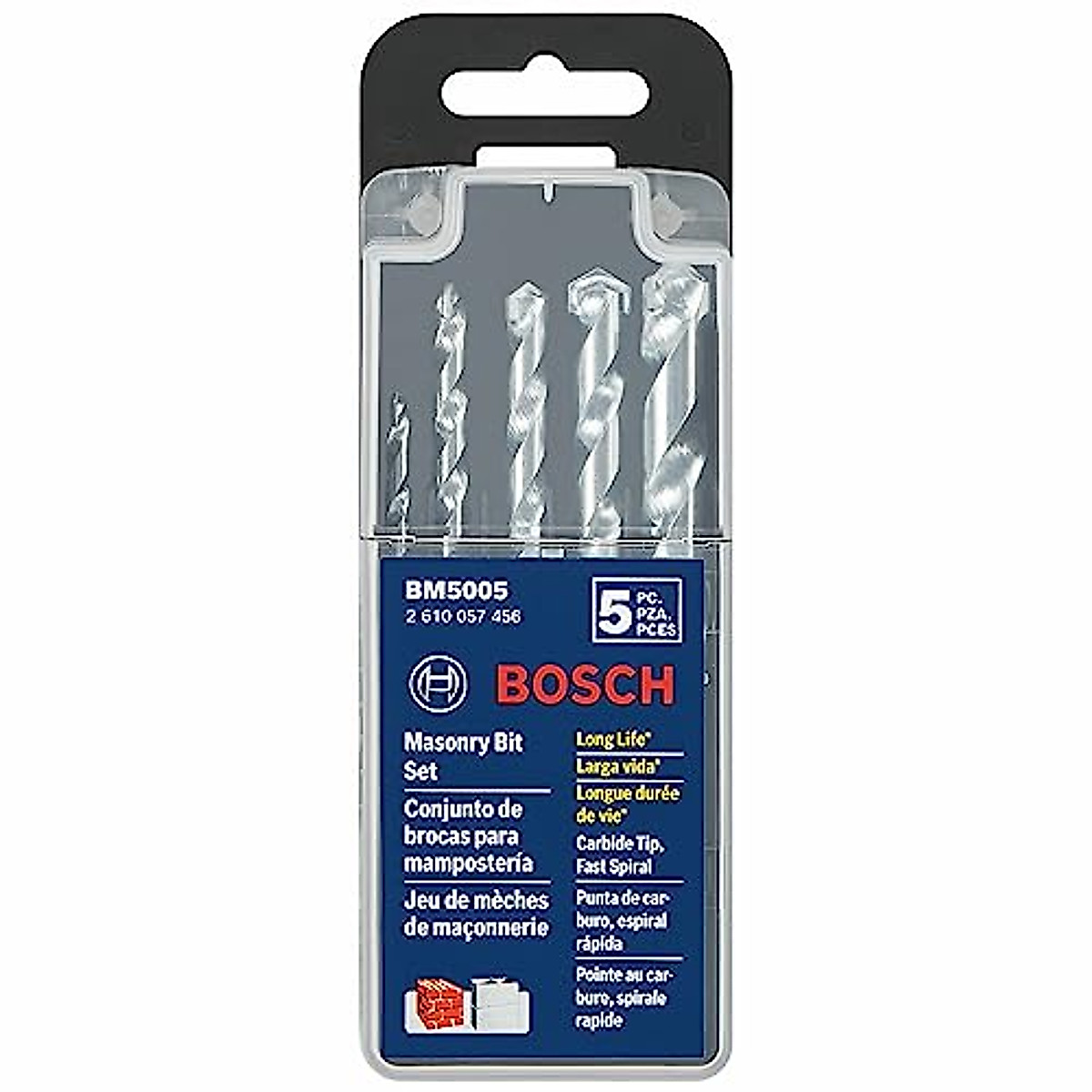 BOSCH BM5005 5-Piece Fast Spiral Rotary Masonry Carbide Tip Bits Assorted Set for Rotary Drilling Applications in Block, Brick, Masonry